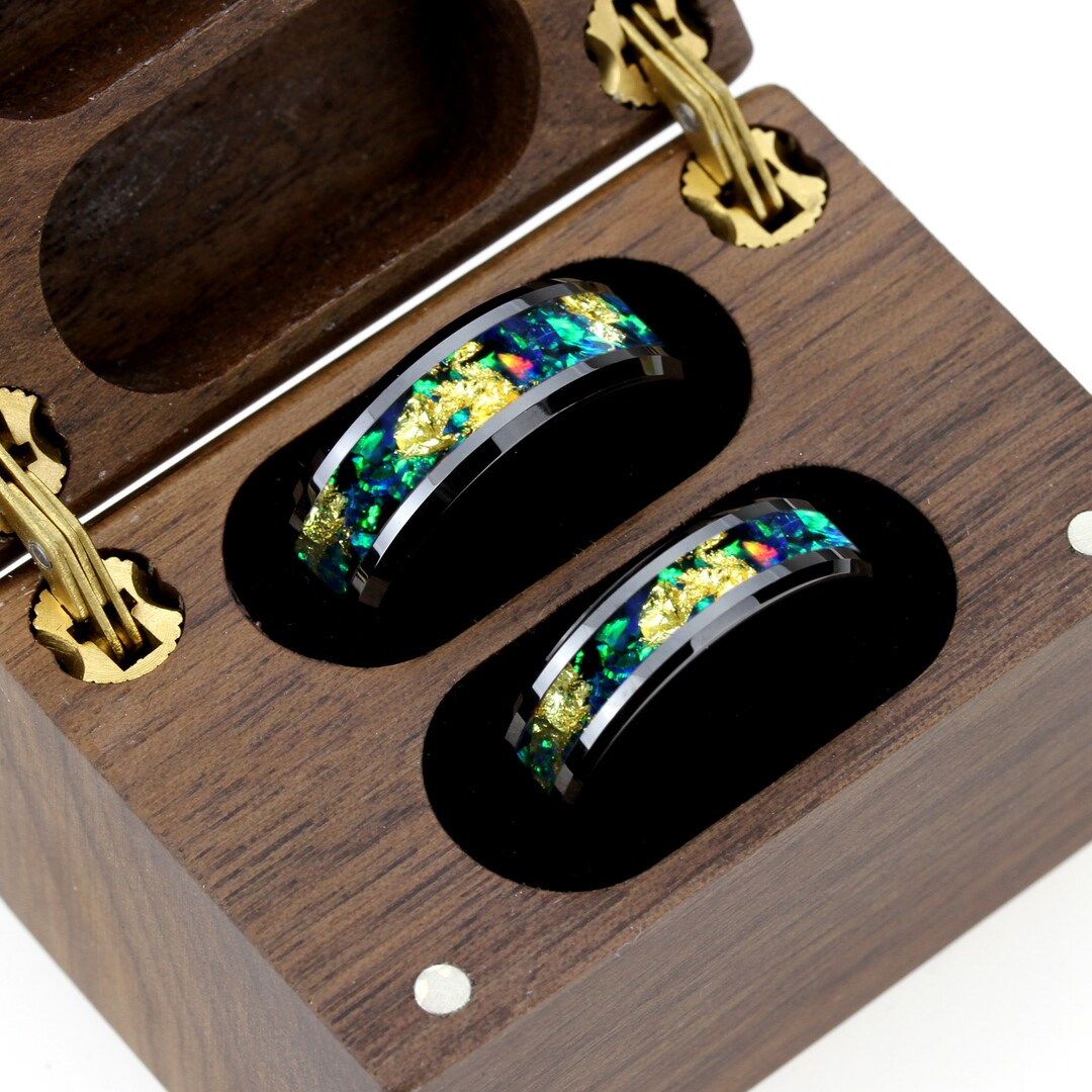 Emerald Green Fire Opal Wedding Band Ring Set, 24K Pure Gold Leaf Ring ...