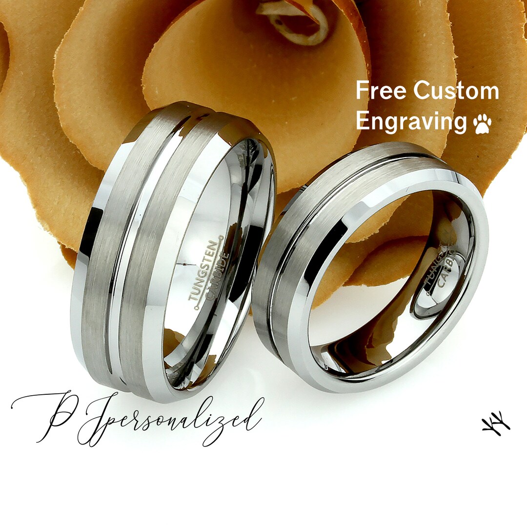 His and Hers Tungsten Wedding Band Set,men & Women,9mm,7mm,grooved ...