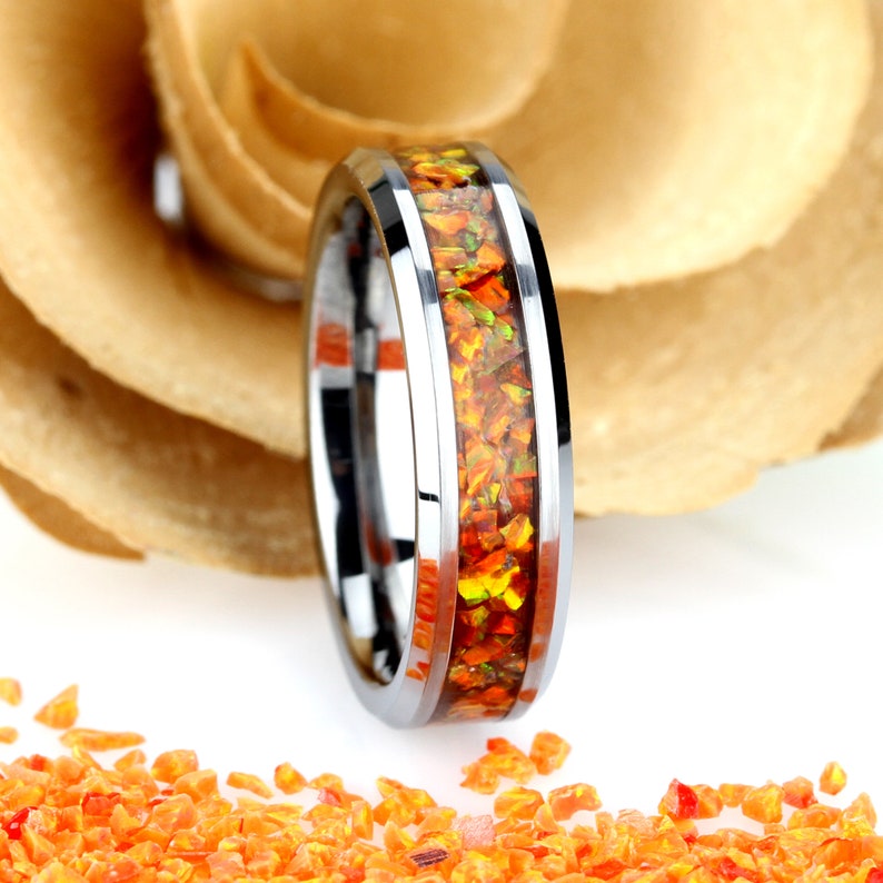 Crushed Fire Opal Inlay 6mm Tungsten Wedding Band Black | Etsy