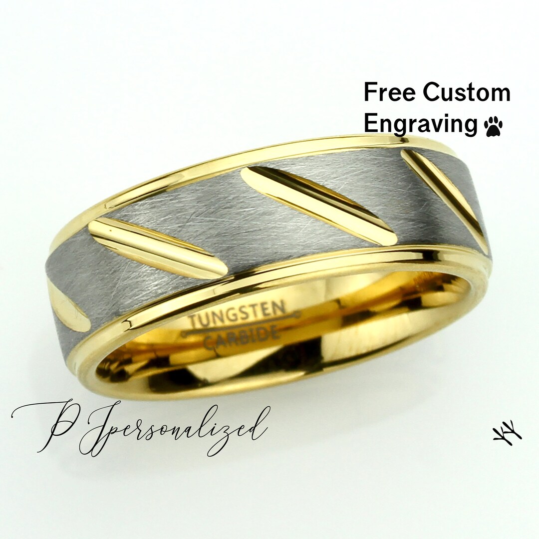 8mm Tungsten Wedding Band Men Gold, Chiseled Tungsten Ring for Men ...