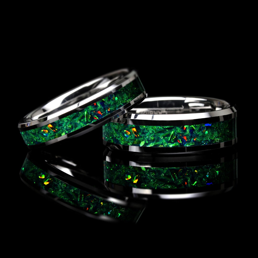 Emerald Green Fire Opal Tungsten Ring: Moss Wedding Band Set - Etsy