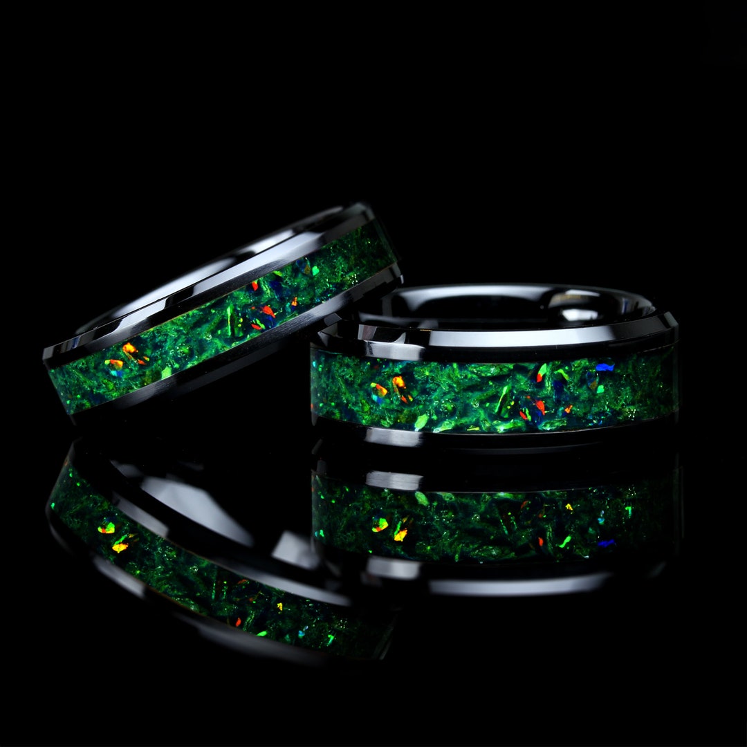 His and Hers Emerald Green Fire Opal With Natural Moss Wedding Band Set ...