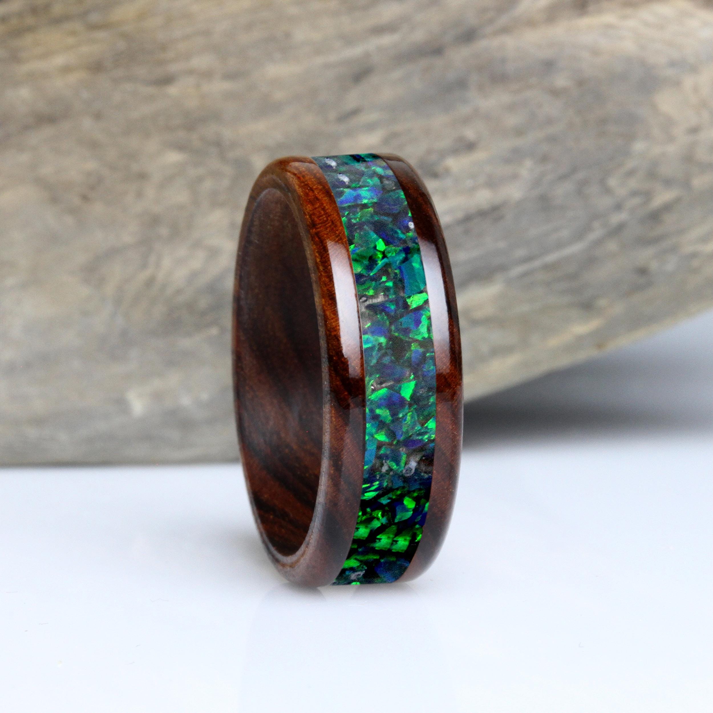 Emerald Green Fire Opal Ironwood Wedding Band Ring - Handmade 8mm/6mm ...