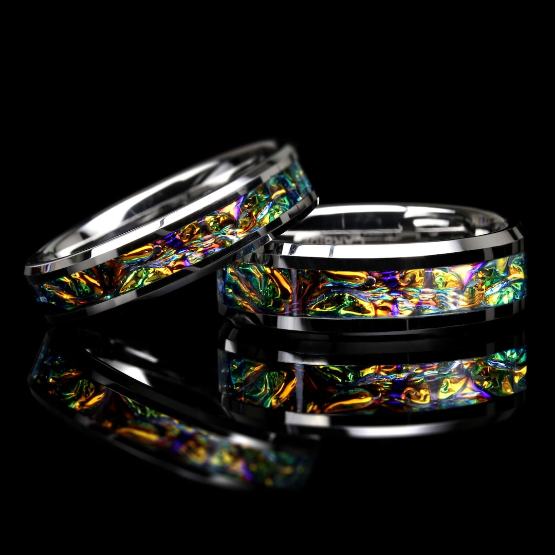 His and Hers Tungsten Wedding Band Set, Red Fire Burl Dichrolam Inlay ...