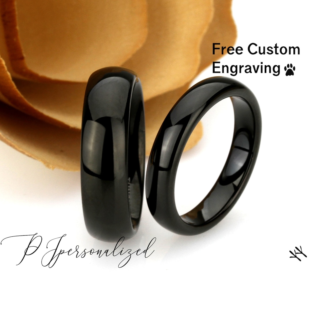 His and Hers Tungsten Wedding Band Set, Men & Women, 6mm, 4mm, Black ...