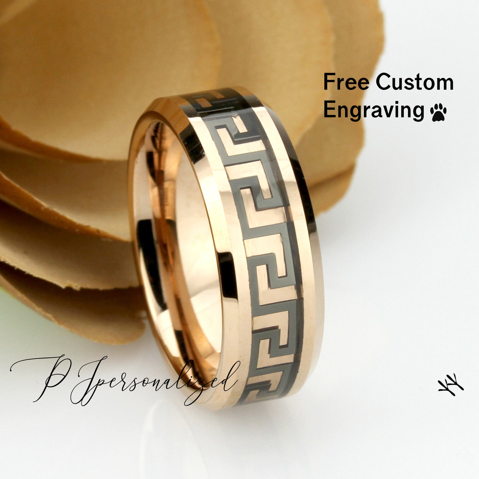 8mm Tungsten Wedding Band Men Rose Gold Greek Key Tungsten - Etsy