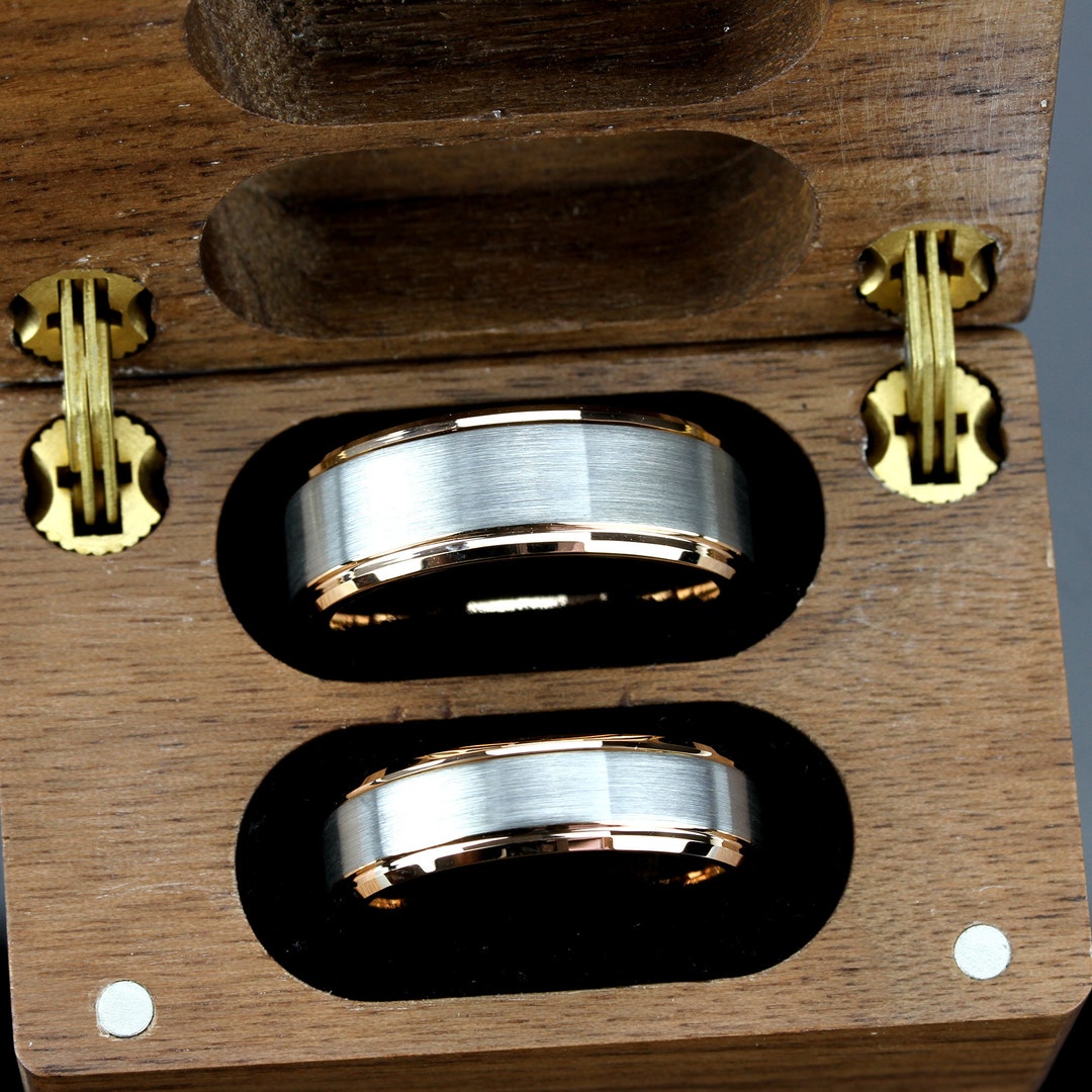 His and Hers Tungsten Wedding Band Set,8mm,6mm, Brushed Center Rose ...