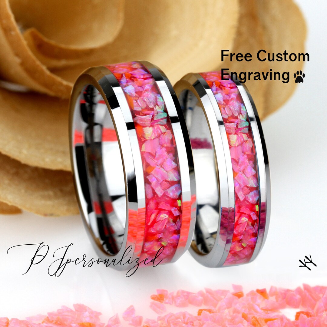 His and Hers Tungsten Wedding Band Set, Pink Fire Opal Inlay Tungsten ...