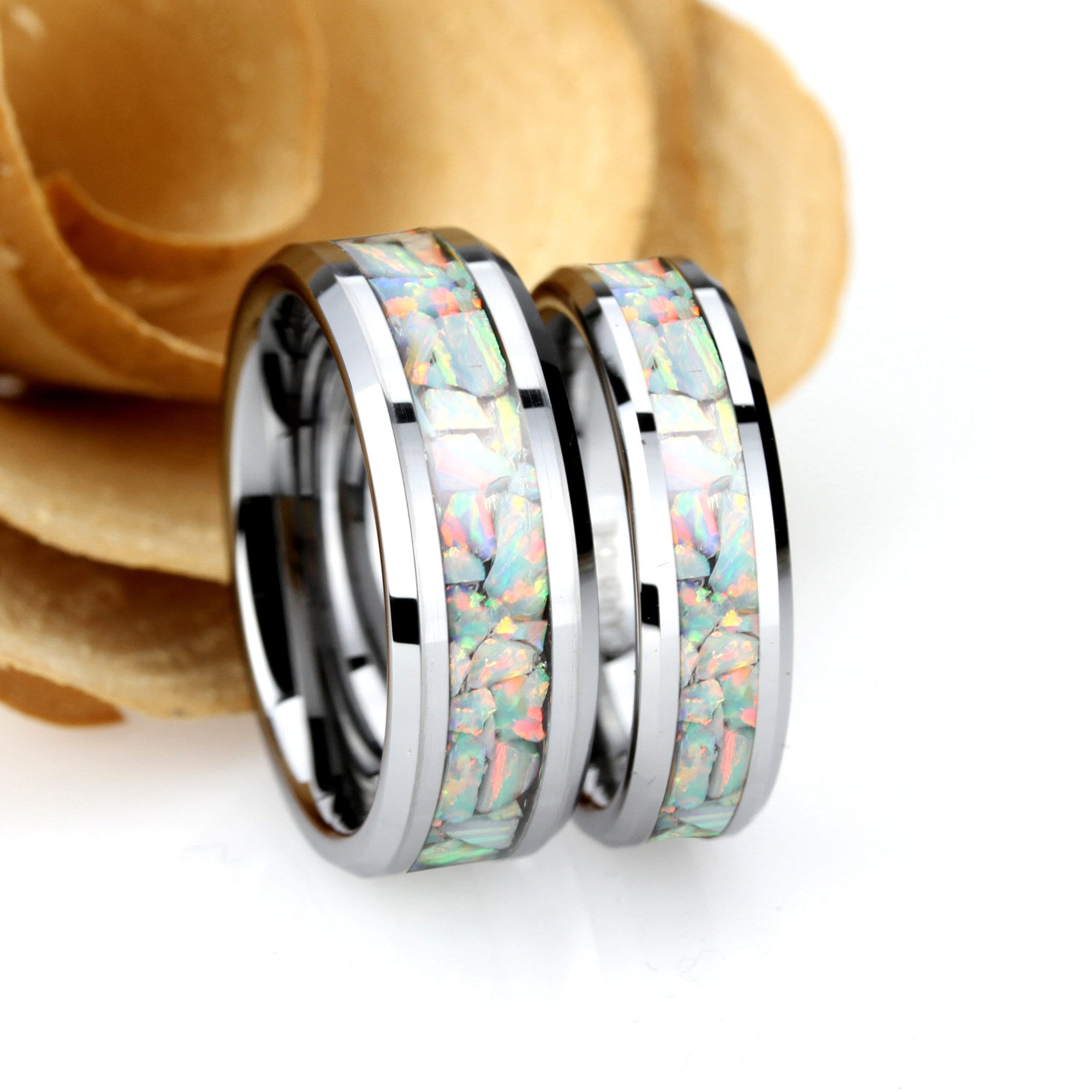 His and Hers Tungsten Wedding Band Set White Fire Opal Inlay - Etsy