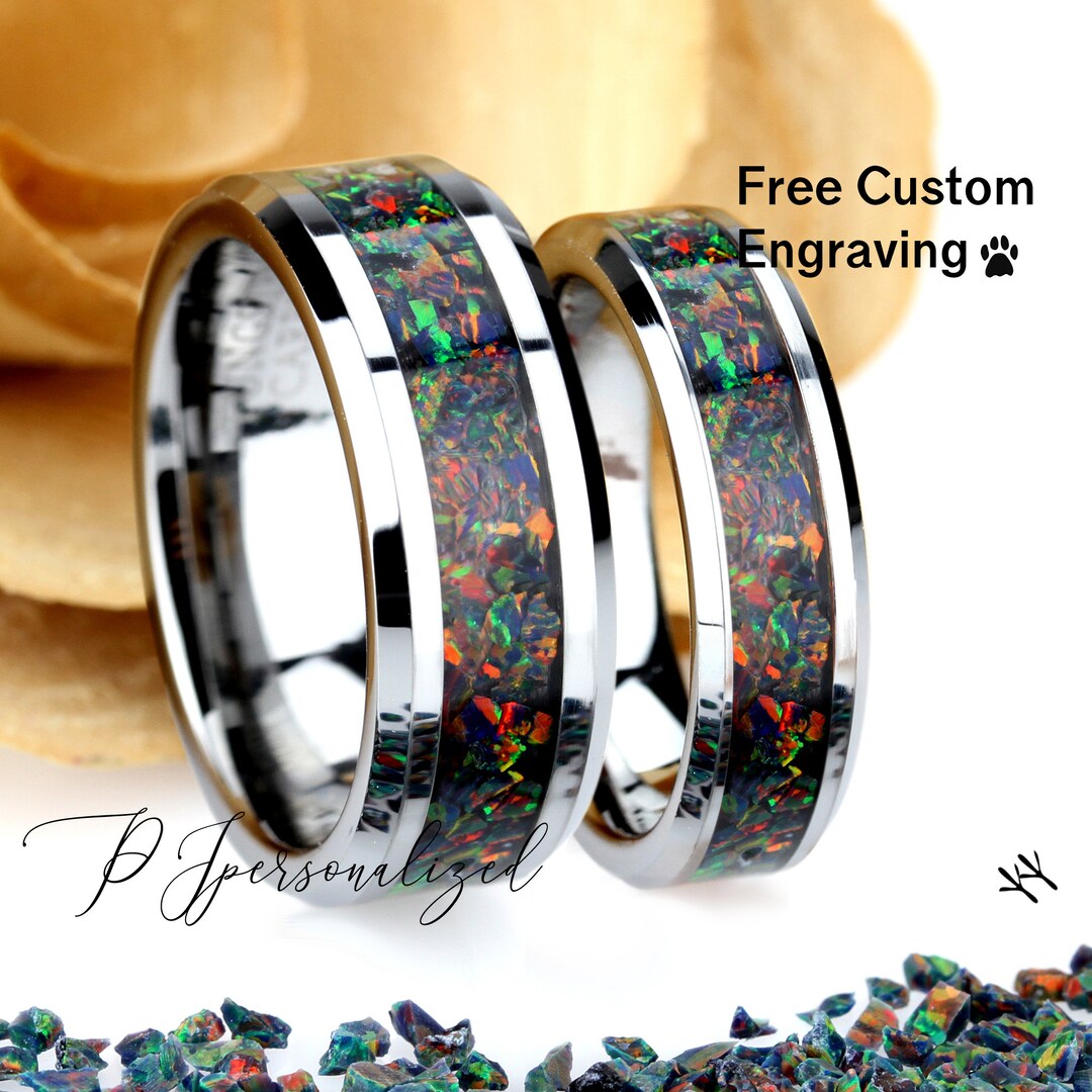 His and Hers Tungsten Wedding Band Set, Black Rainbow Fire Opal Inlay ...