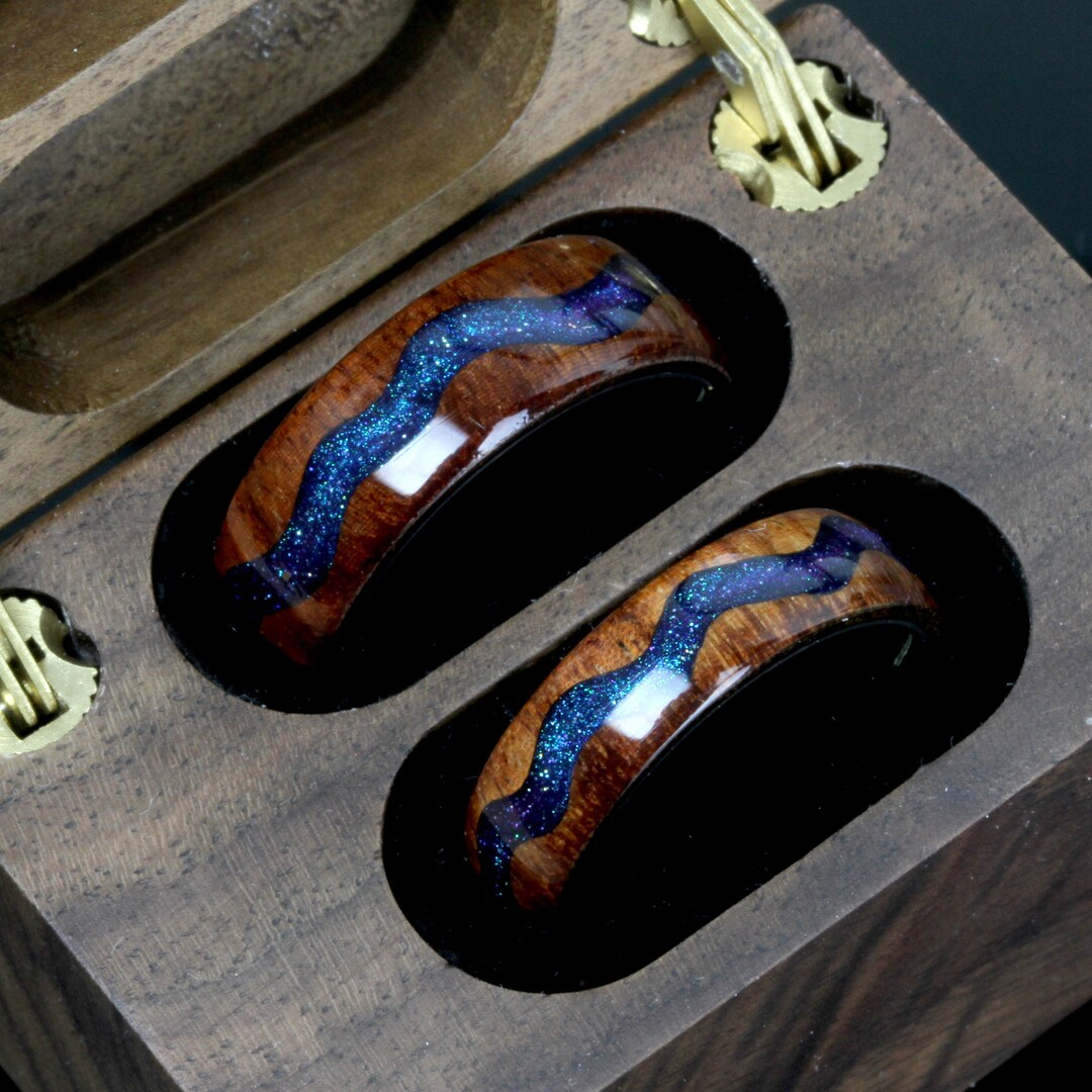Wood Wedding Band Set His and Hers, Night Blue Sky Meteorite Rain Inlay ...