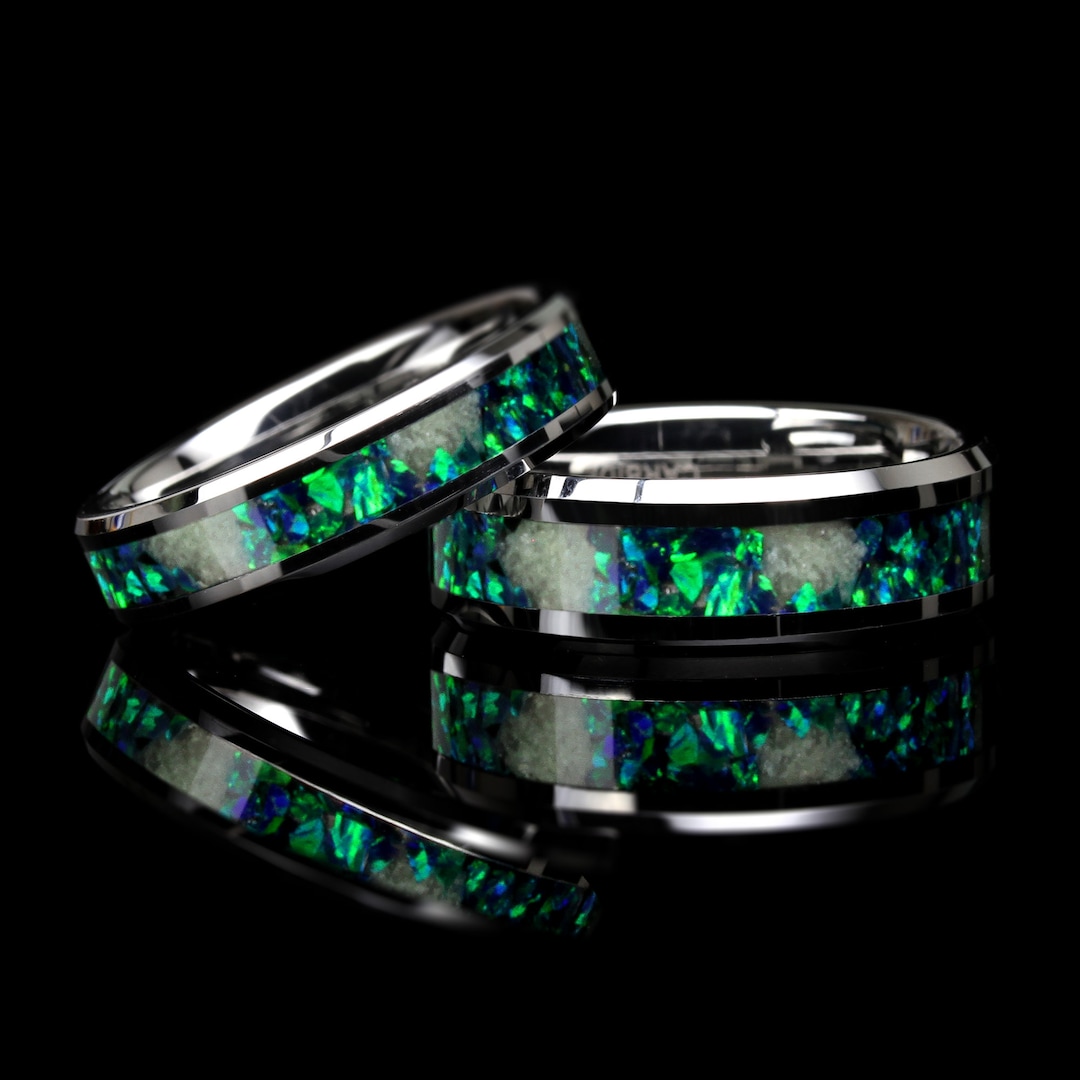 Emerald Green Fire Opal Tungsten Wedding Band Set: His & Hers Promise ...