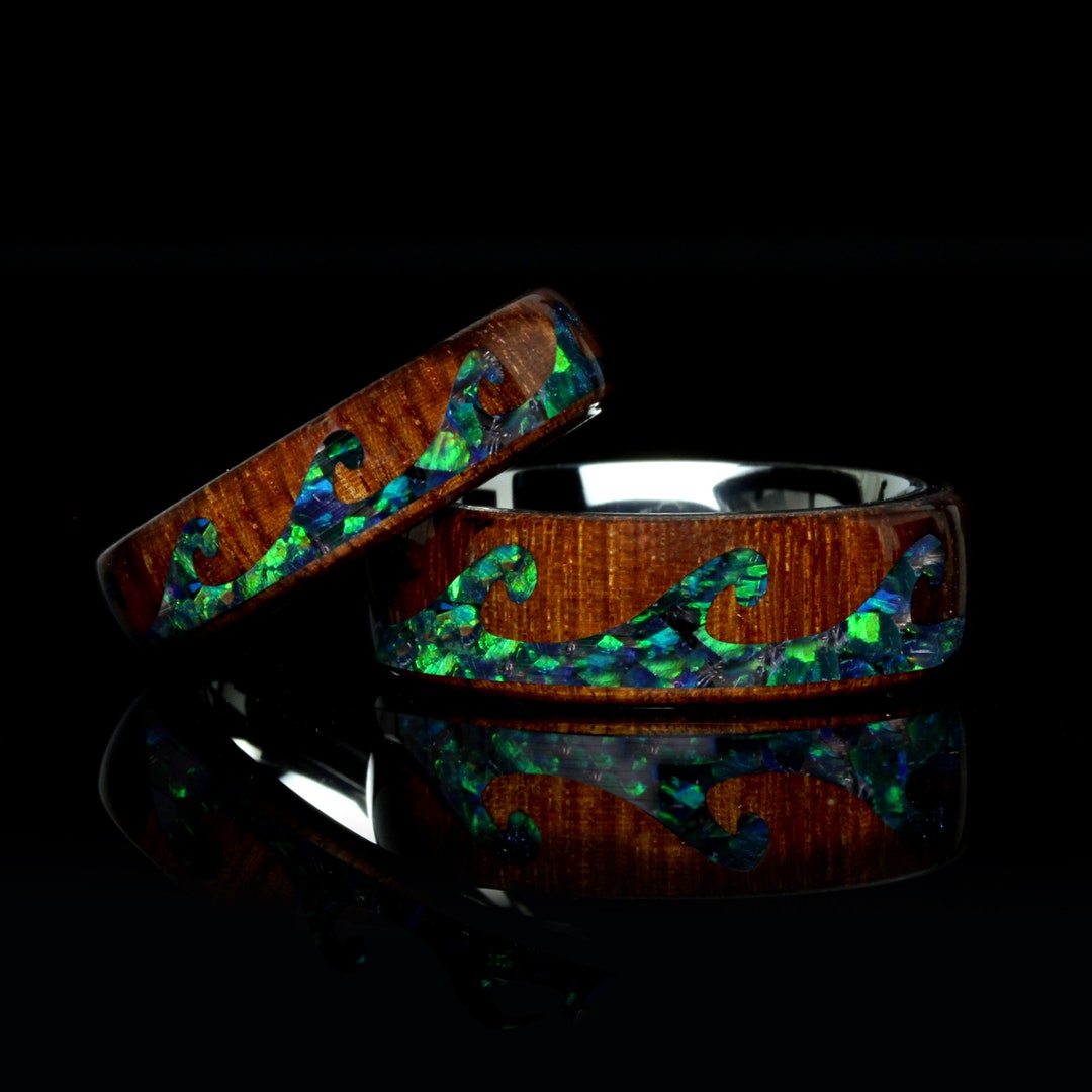 Fire Opal Wedding Band Set His and Hers, Emerald Green Fire Opal Inlay ...