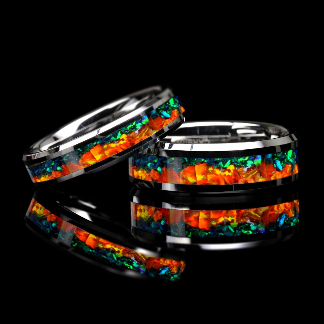 His and Hers Tungsten Wedding Band Set, Orange & Green Fire Opal Inlay ...