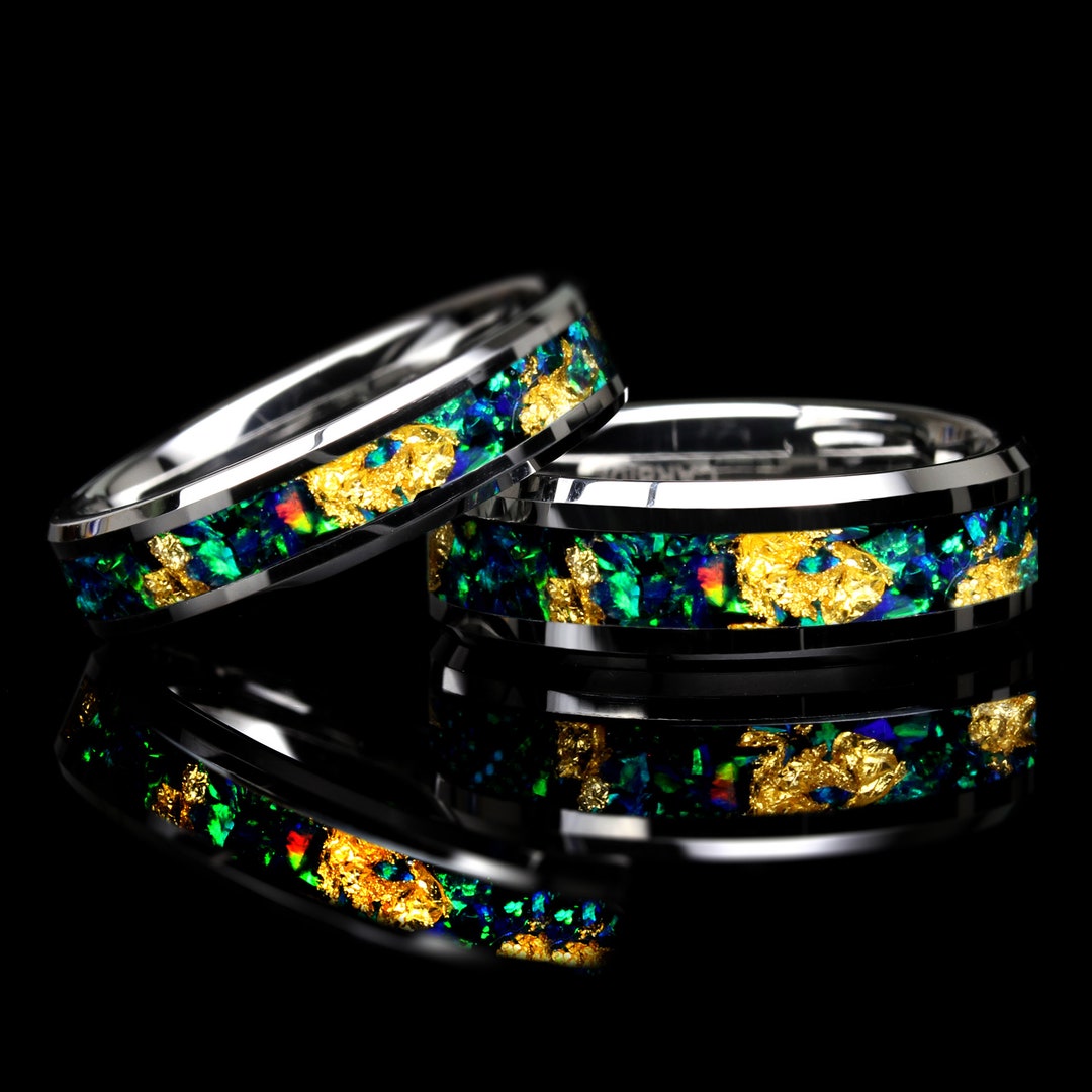 Emerald Green Fire Opal Wedding Band Ring Set, 24K Pure Gold Leaf Ring ...