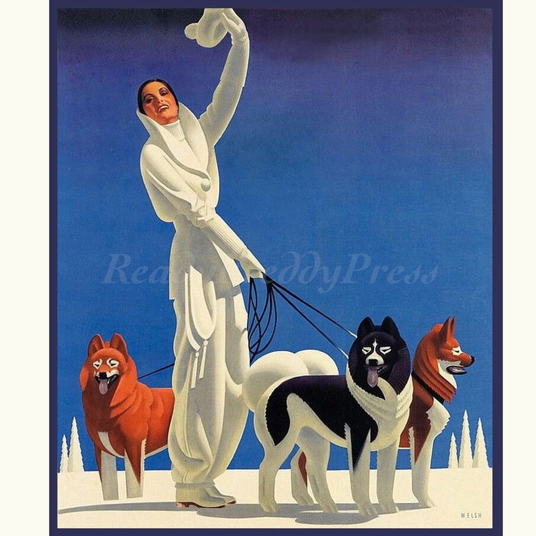 Holiday Notecards~vintage Image~snow Scape~lady in White~huskies~dogs ...
