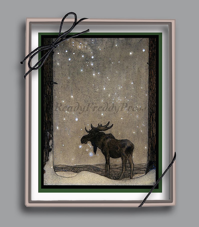 Notecards Winter /christmas Holiday/ Moonlit/ Vintage Image/ Moose ...