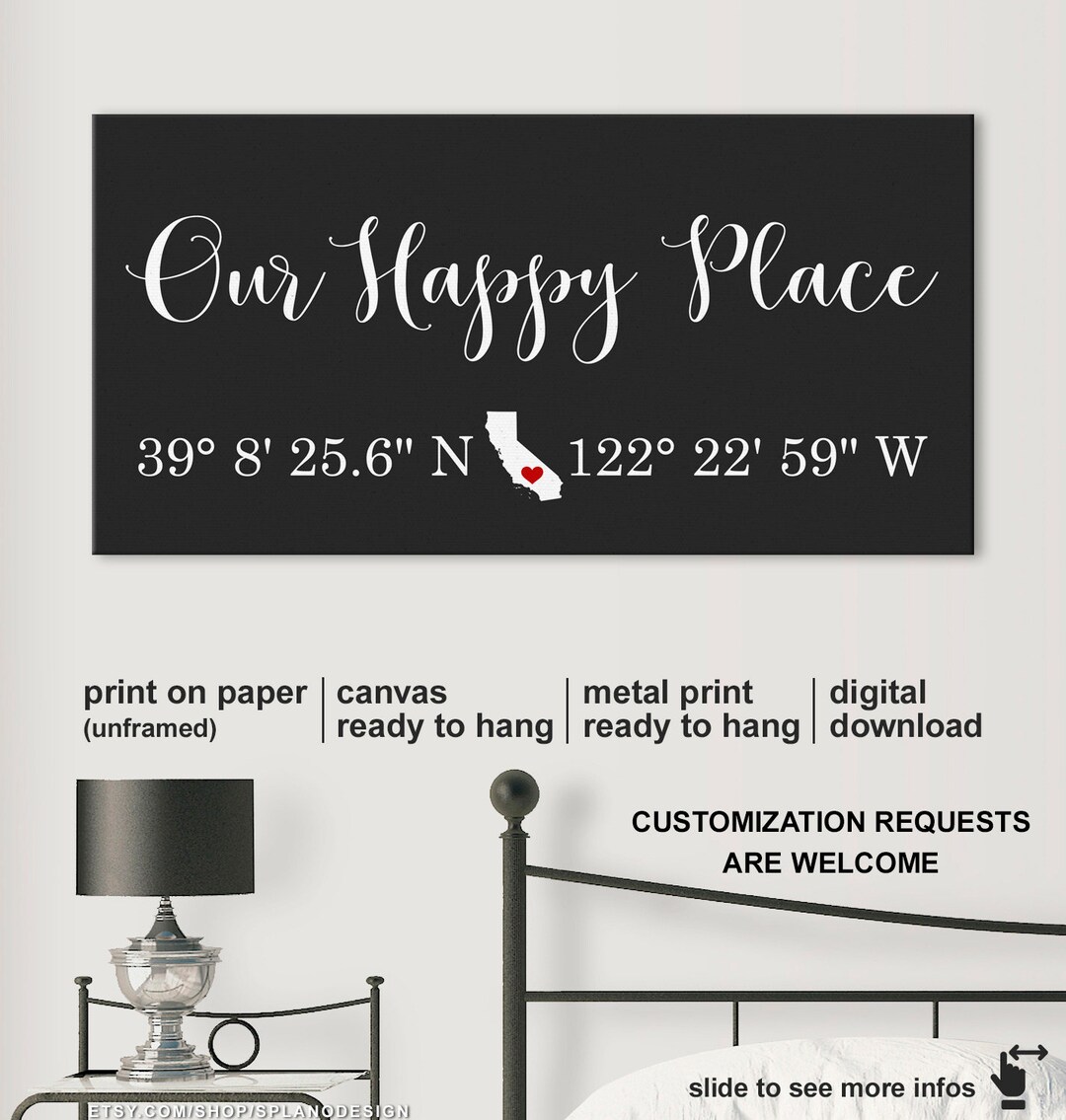 Our Happy Place Metal Sign, Coordinates Engagement Gift, House Warming ...