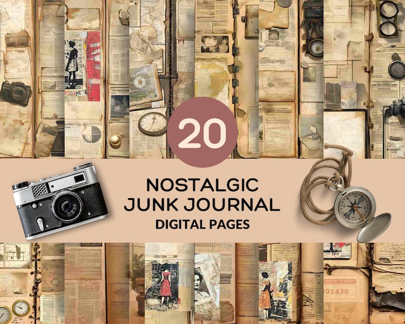 20 Junk Journal Pages - Vintage Nostalgic Theme | Printable Digital Kit ...