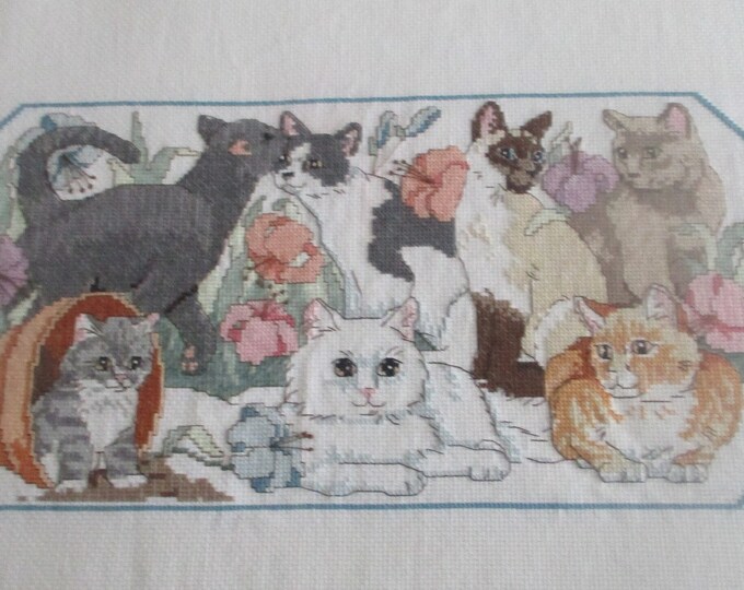 Finished Cat Cross Stitch, Cats, Kittens, Feline, Gray, White, Yellow ...