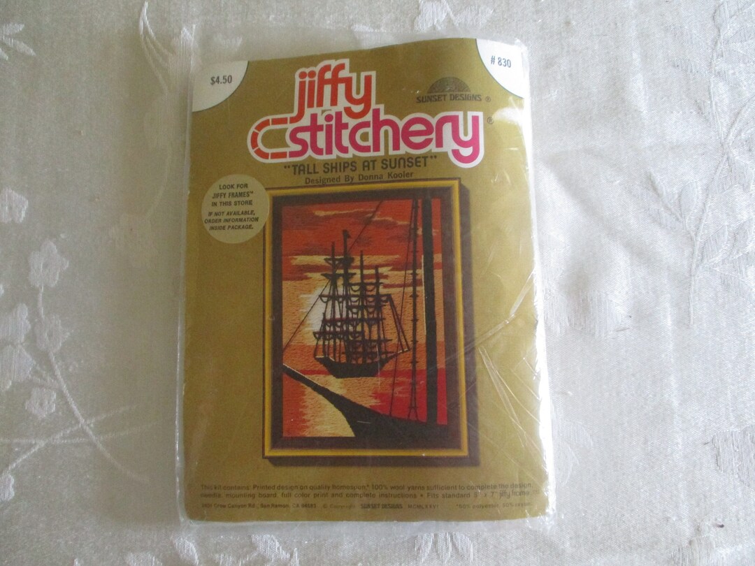 Jiffy Stitchery Kit, Tall Ships at Sunset, Crewel Embroidery Kit, Ship ...
