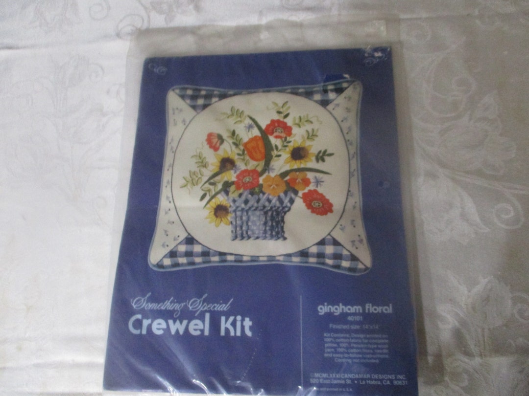 Crewel Embroidery Kit, Crewel Kit, Gingham Floral Crewel Kit, Flowers ...