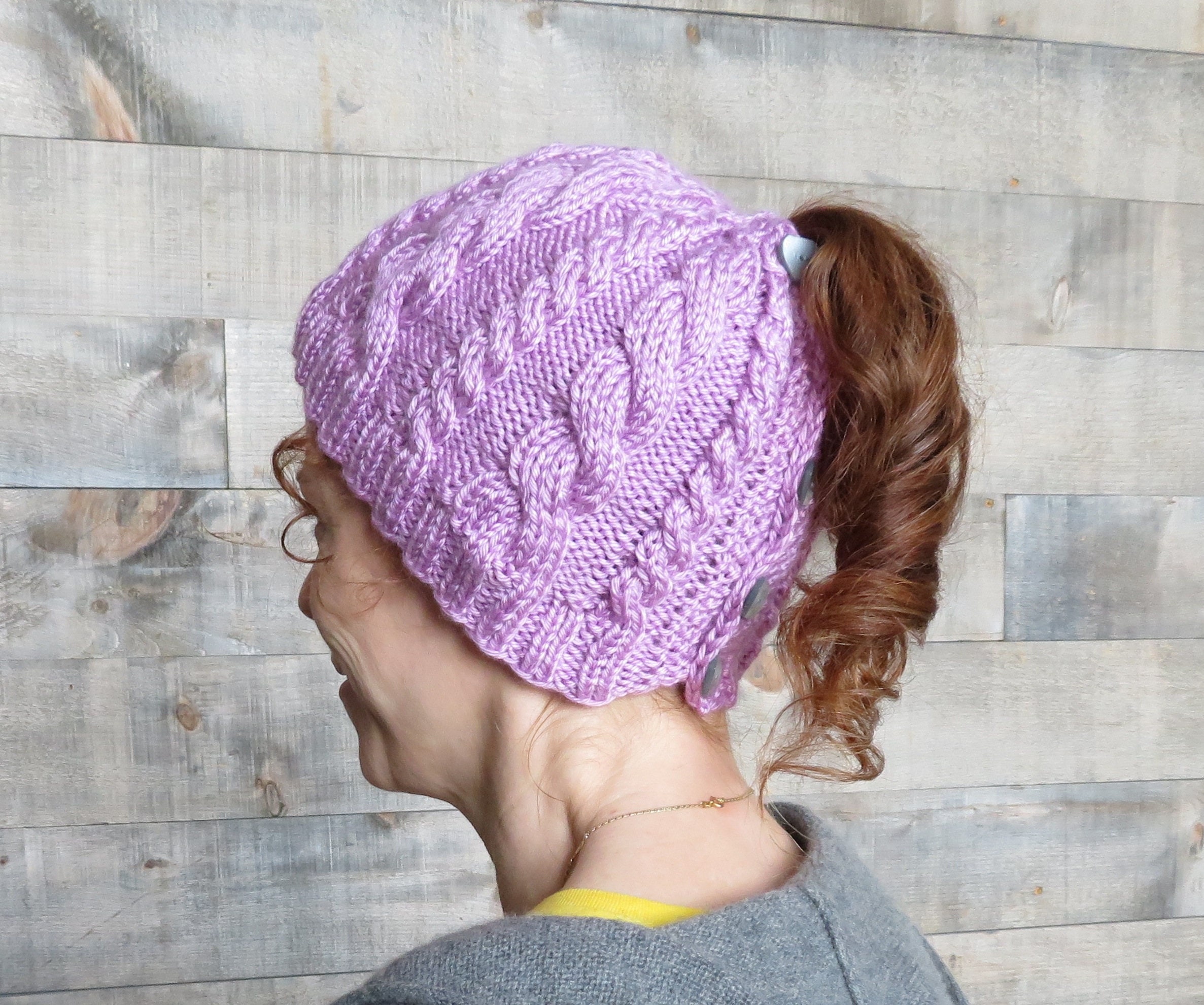 Double Cable Knit Ponytail Hat Pattern, Buttoned Beanie, Worsted Yarn ...