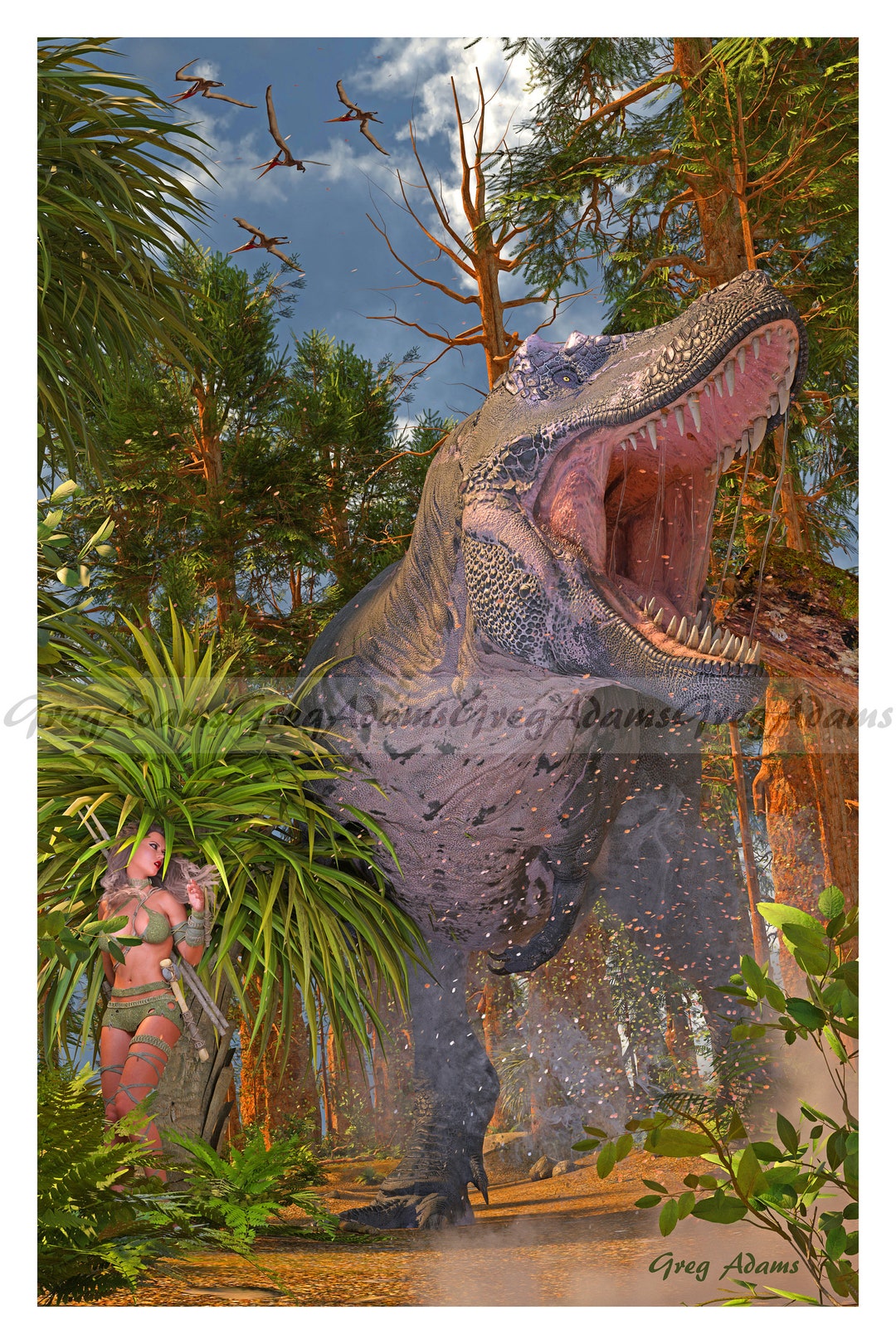 Dinosaur T Rex 12 X 18 Hunting Cave Girl Hiding Color Art Print ...