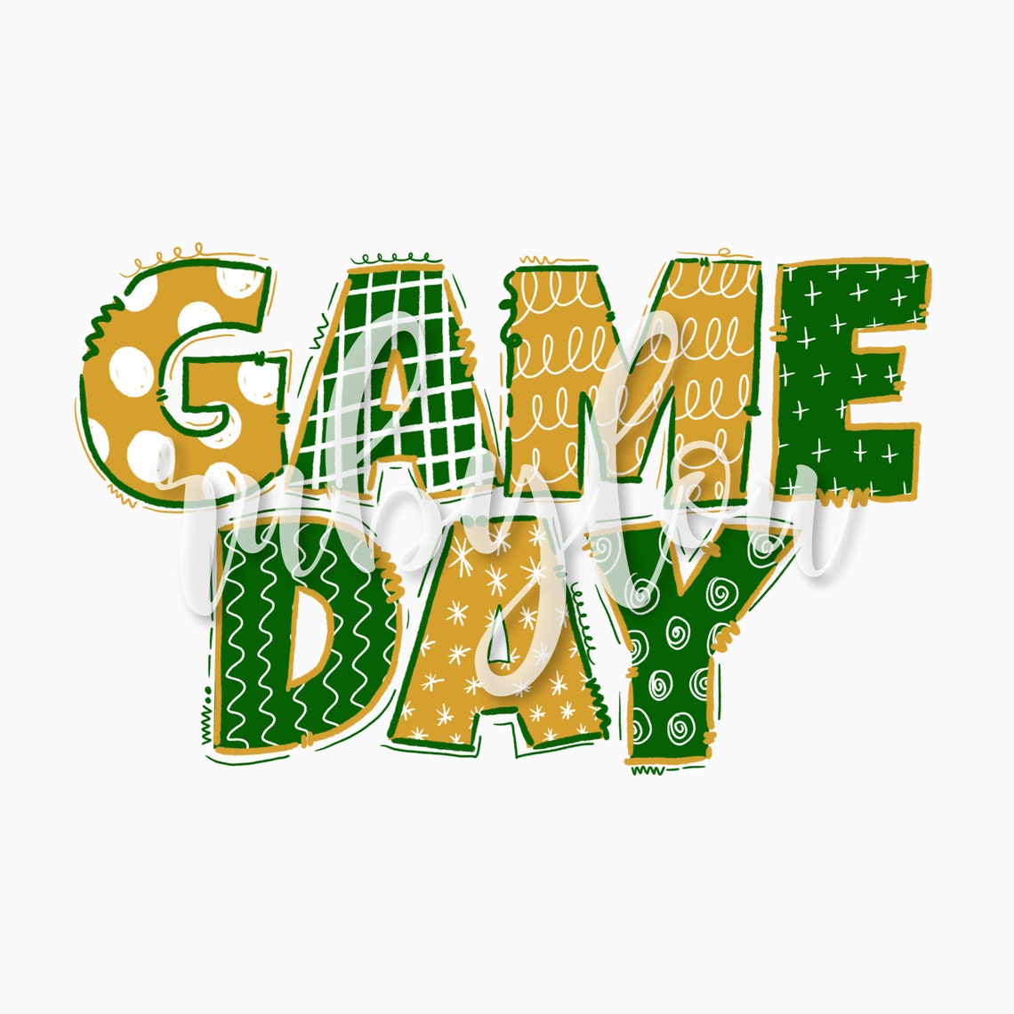 GAME DAY Green Gold Patchwork Doodle Lettering digital | Etsy