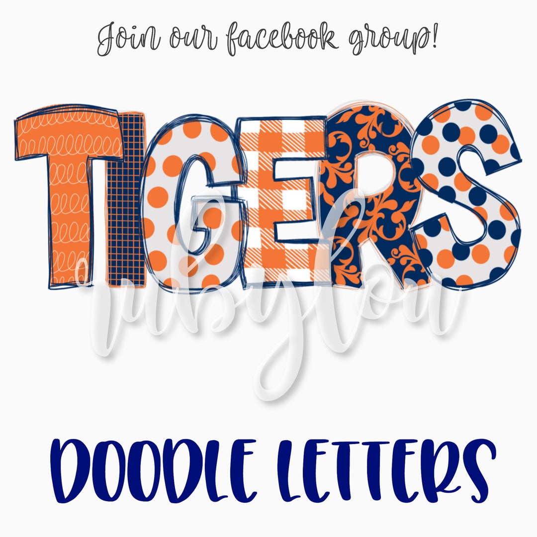 TIGERS PNG Patchwork Doodle Letters | Blue and Orange |digital Download ...