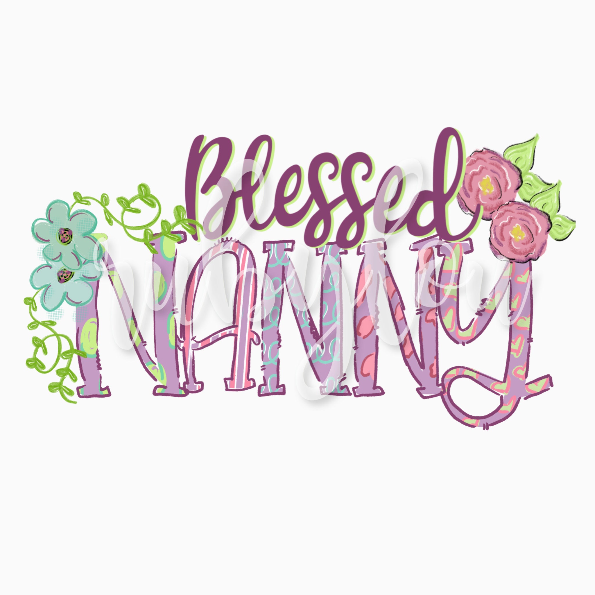 Blessed Nanny Floral Doodle Letters Sublimation Design | Etsy