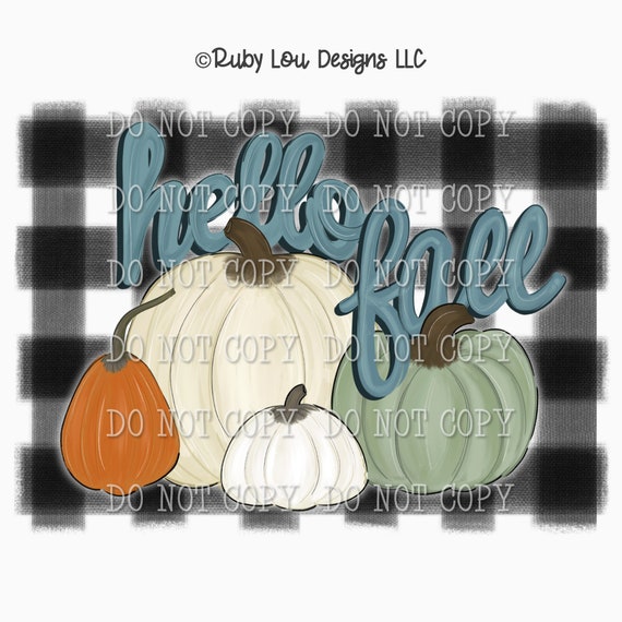 Hello Fall Buffalo Plaid Background Hand Drawn Digital | Etsy