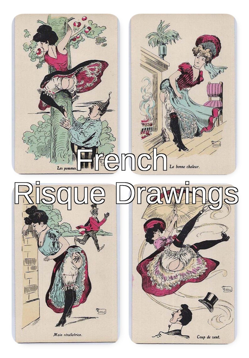 French Risque Drawings Images Postcards Set of 4 1900s. | Etsy