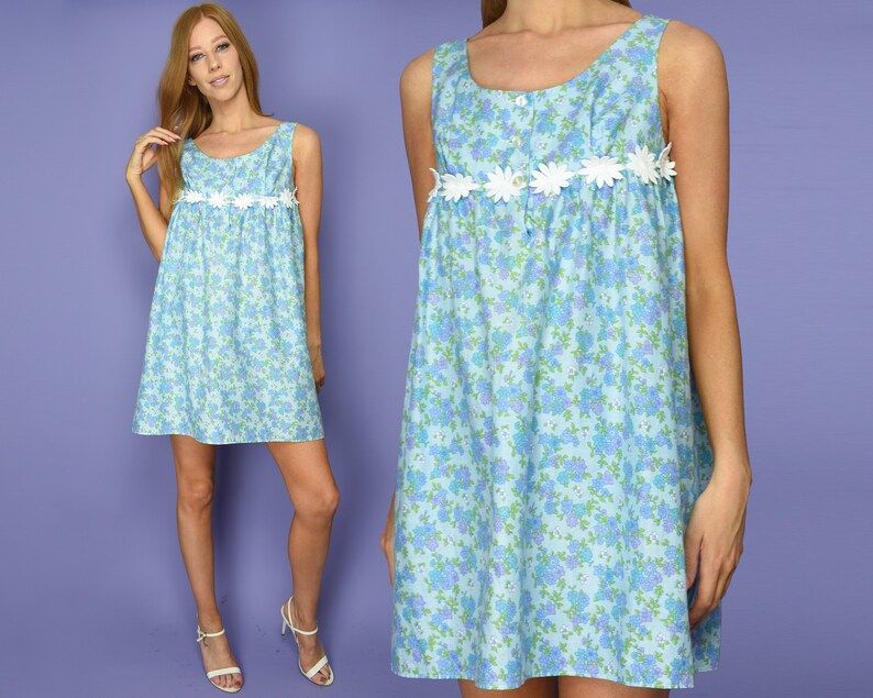 Vintage 1960s Pastel Blue Cotton Babydoll Nightie / Retro Floral Mini ...