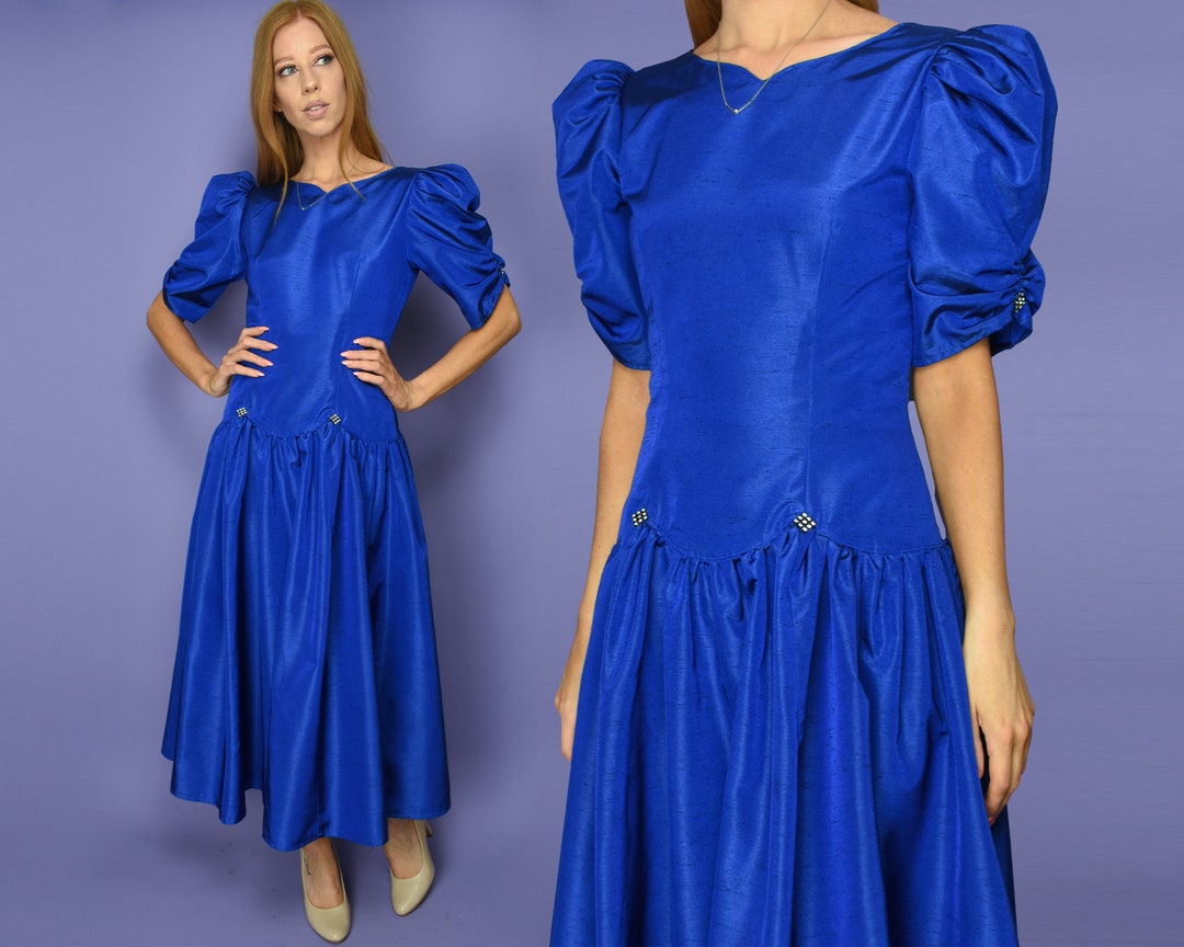 1980s SAMARA Vintage Dress XXS Royal Blue Taffeta Short Puff Sleeve 80s ...