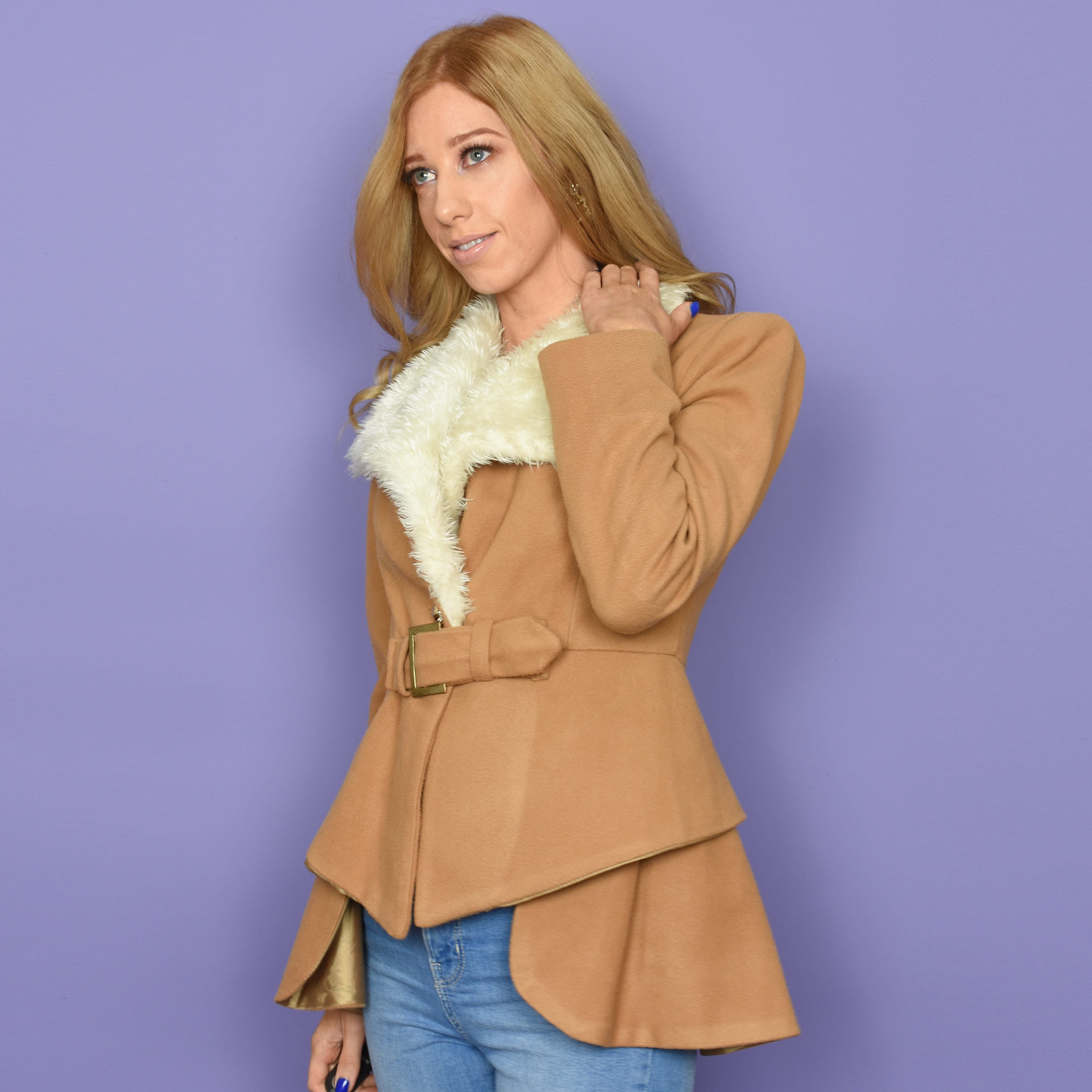 1980s UPTOWN GIRL Vintage Jacket XS Camel Faux Fur Shearling Peplum ...