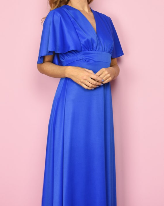 1970s Sea Nymph Vintage Dress S Cobalt Blue V Neck Bu… Gem