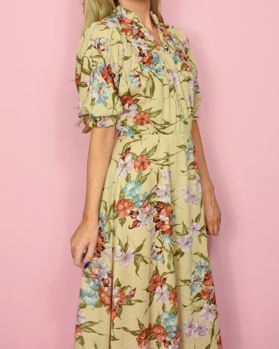 1970s NEW CHAPTER Vintage Dress S Beige Floral Print … - Gem