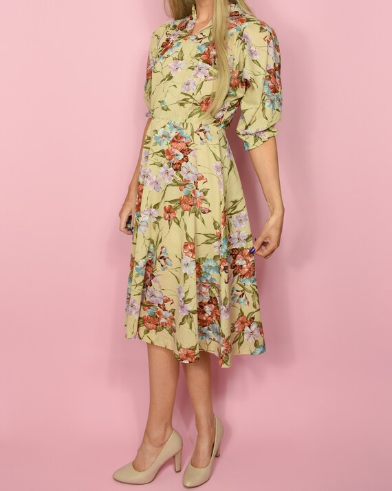 1970s NEW CHAPTER Vintage Dress S Beige Floral Print … - Gem