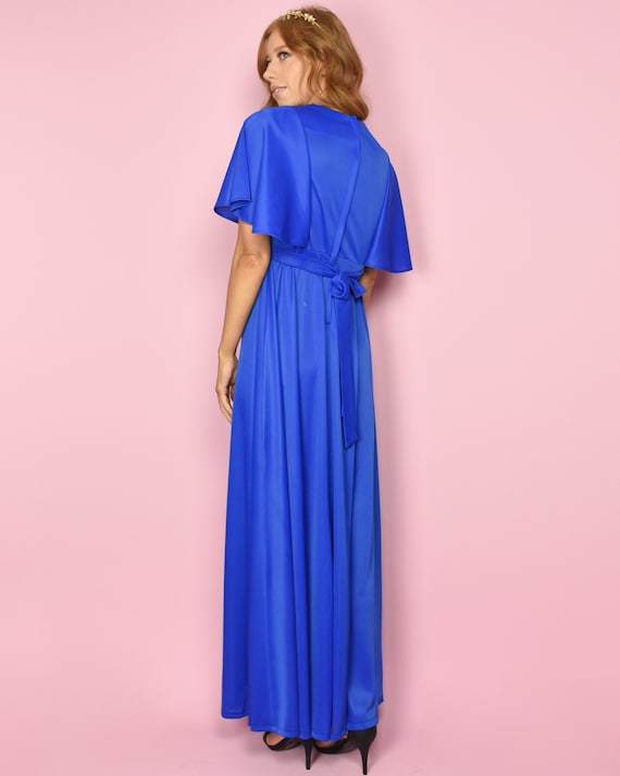 1970s Sea Nymph Vintage Dress S Cobalt Blue V Neck Bu… Gem