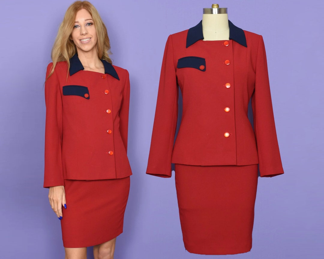 1990s GUY LAROCHE Paris Vintage Suit Xxs/xs Red & Navy Designer Twin ...