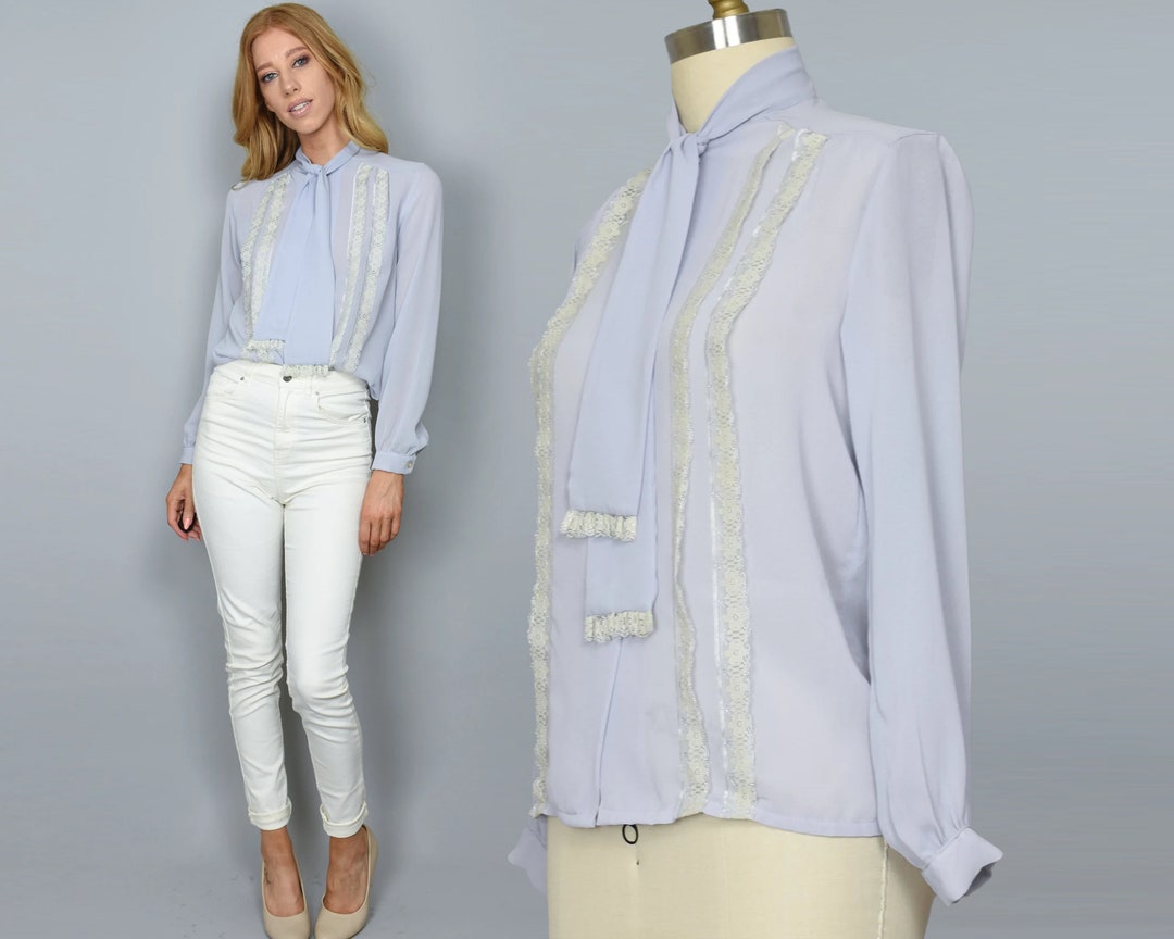 1970s MARGOT Vintage Blouse XS/S Lavender Grey Long Sleeve Lace Trim ...