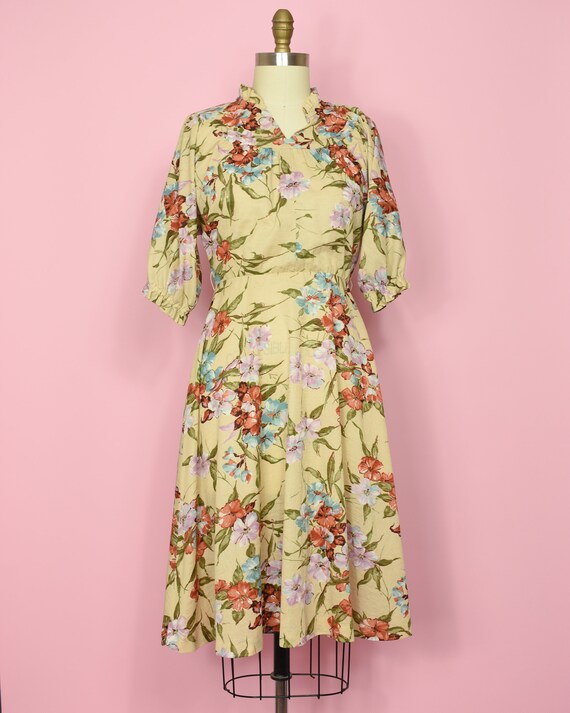 1970s NEW CHAPTER Vintage Dress S Beige Floral Print … - Gem