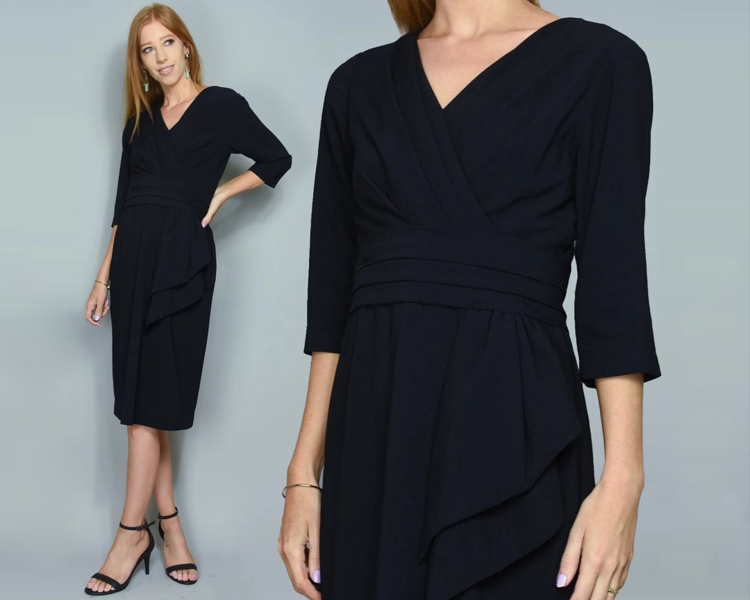 1950s ENIGMA Vintage Dress XS Black Rayon Crepe Half Sleeve V Neck ...