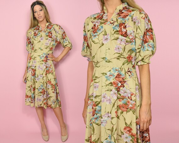 1970s NEW CHAPTER Vintage Dress S Beige Floral Print … - Gem
