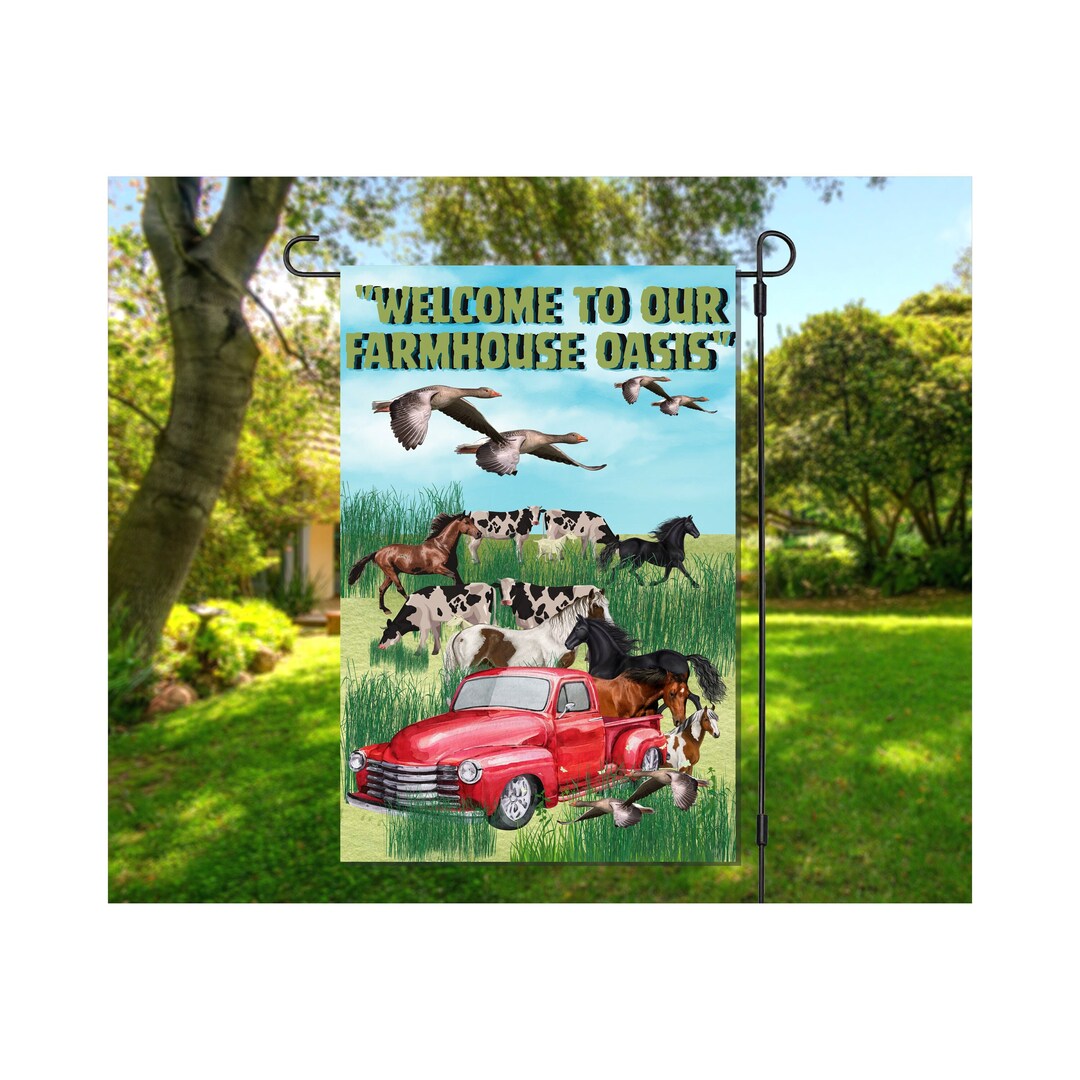 Welcome to Our Farmhouse Oasis Garden Flag Design| With Horses| Vintage ...
