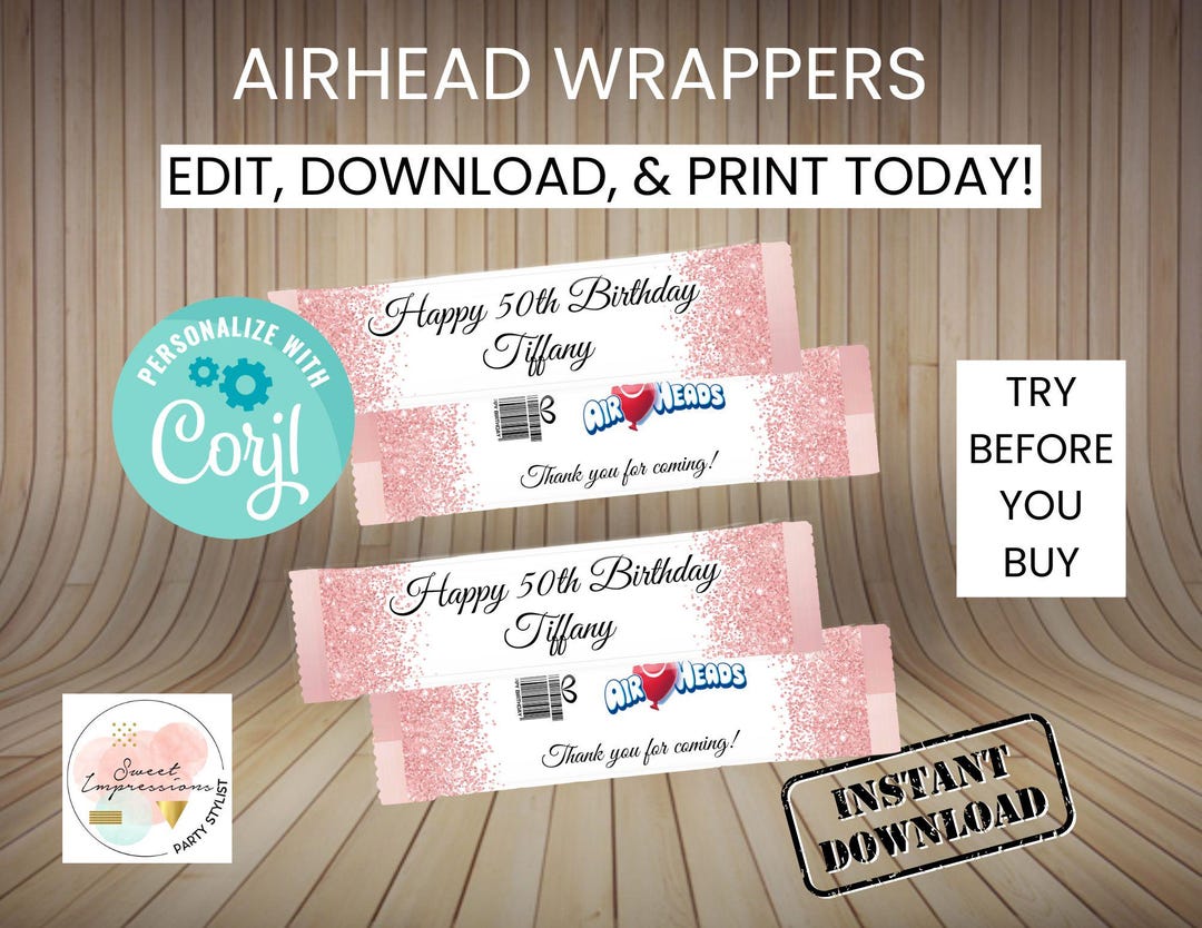 Rose Gold Glitter Airhead Wrappers | EDITABLE | Instant Access | Party Treat | Digital File ...