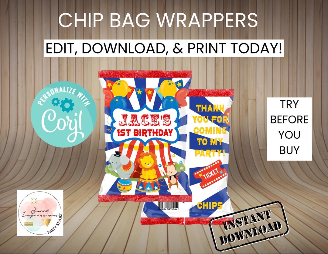 Circus Carnival Chip Bag Wrapper | EDITABLE | Instant Access | Party ...