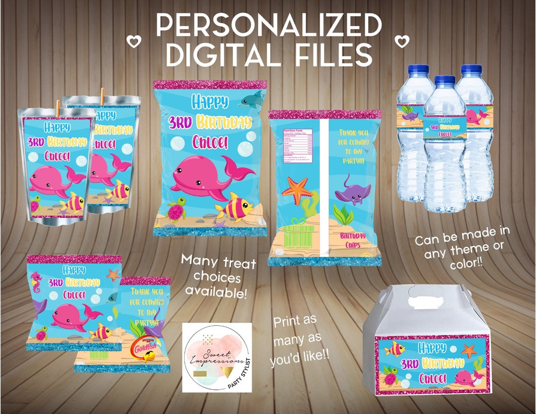 Sea Life Ocean Birthday Treats, Chip Bags, Fruit Snacks, Custom Party ...