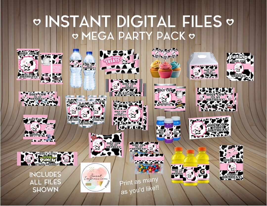 Pink Cow Print Mega Party Pack, INSTANT DOWNLOAD, Party Treats, 20 ...
